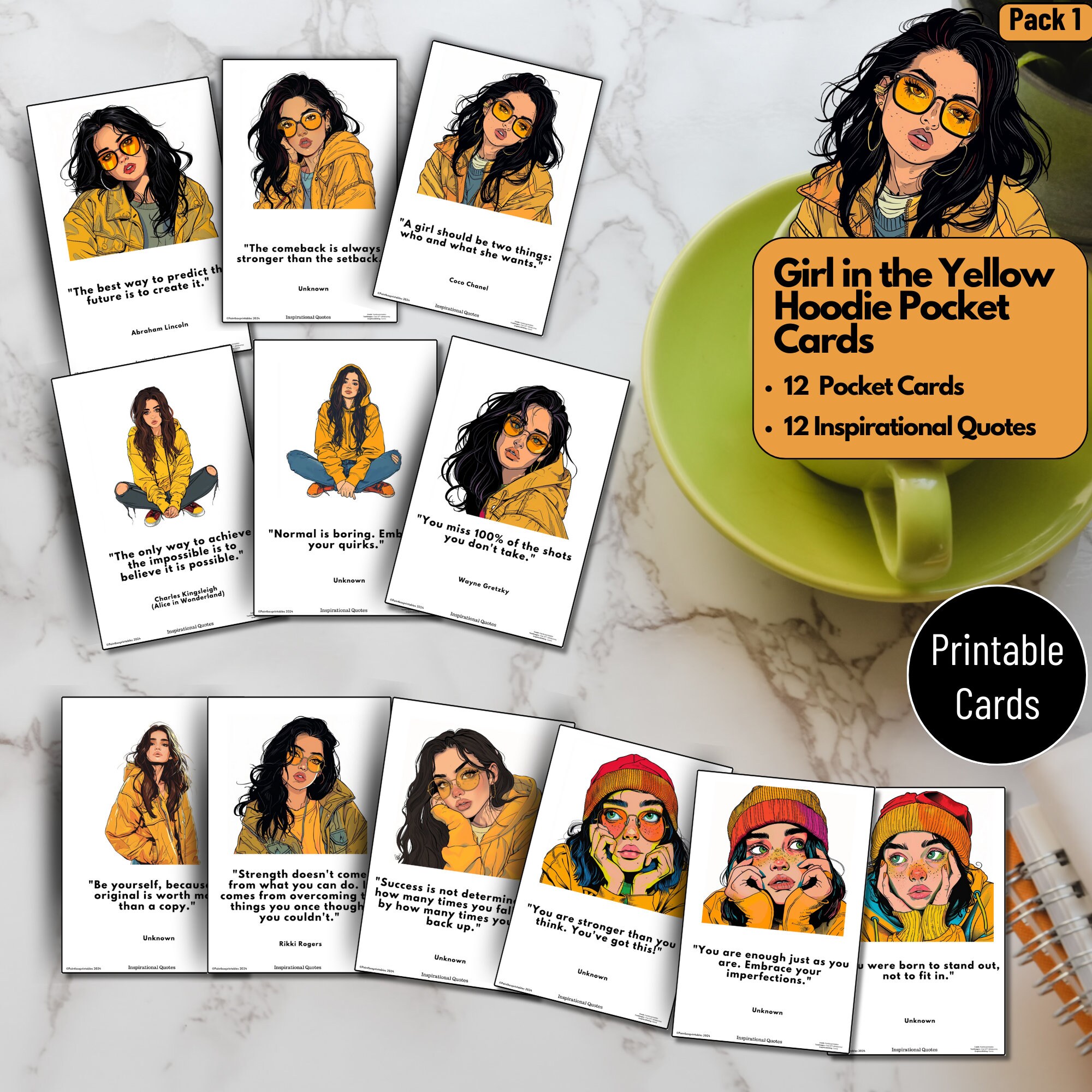 Womens Positivity Cards - ‘the Girl in the Yellow Hoodie’ - 12 Pocket ...