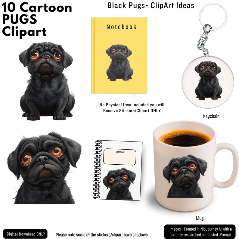 Clipart- Pug Clipart (black)10 Cartoon Pugs Png's-high Quality 1 PDF ...
