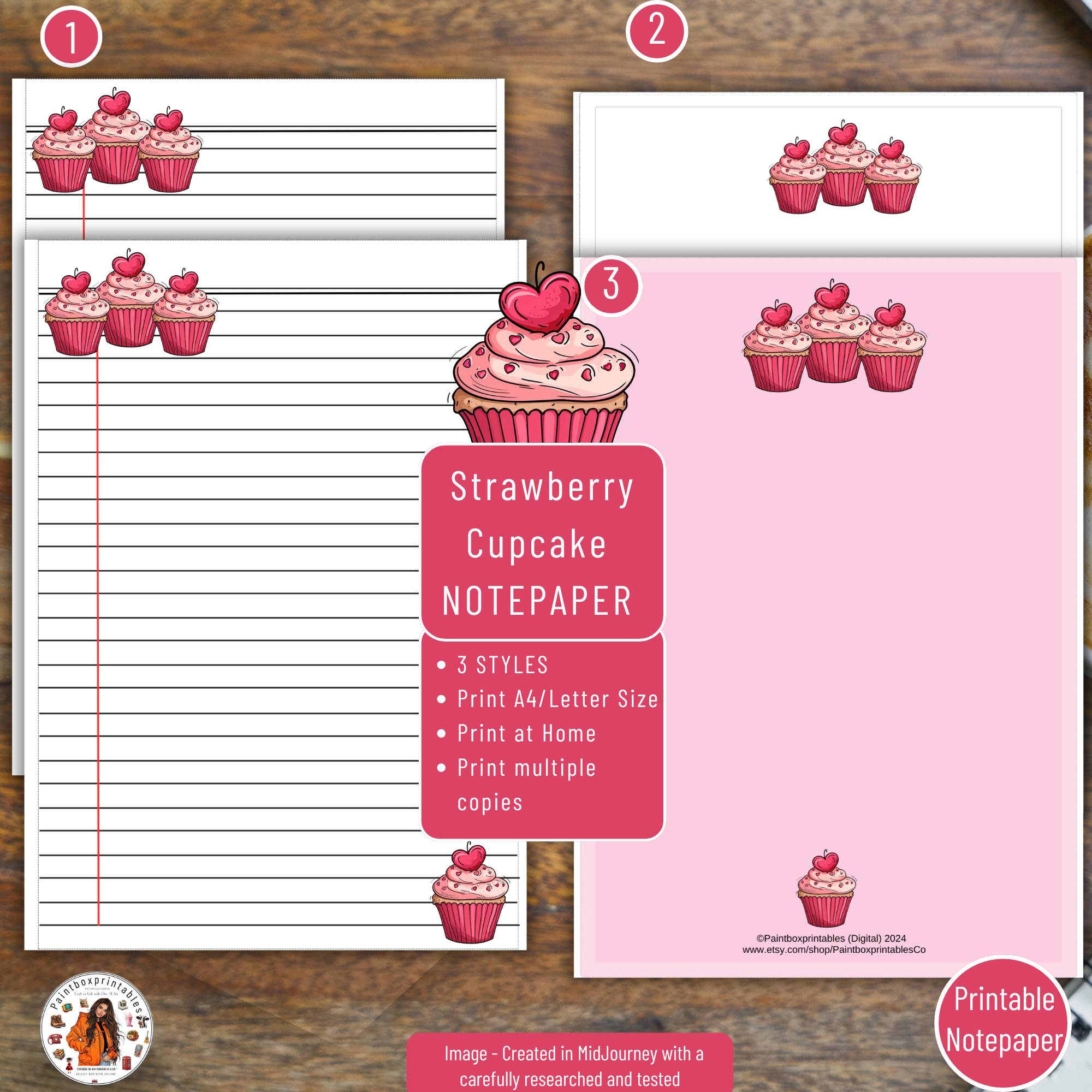 Printable Notepaper 'strawberry Cupcake' 3 STYLES Printable |writing ...