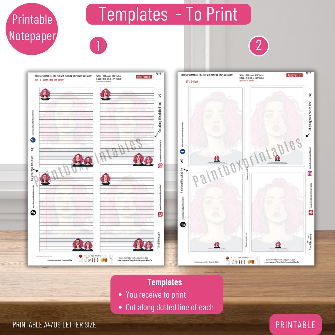 Printable Notepaper 'the Girl With the Pink Hair' 2 STYLES Printable ...