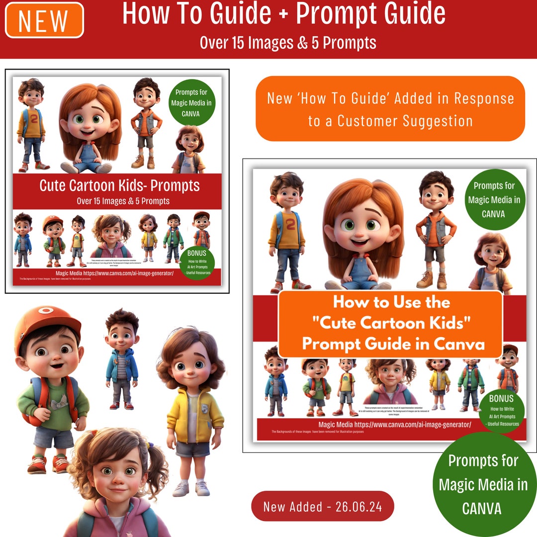 Cute KID Cartoon AI Art Prompt Guide14 Pgs5 Prompts 15 example Images ...