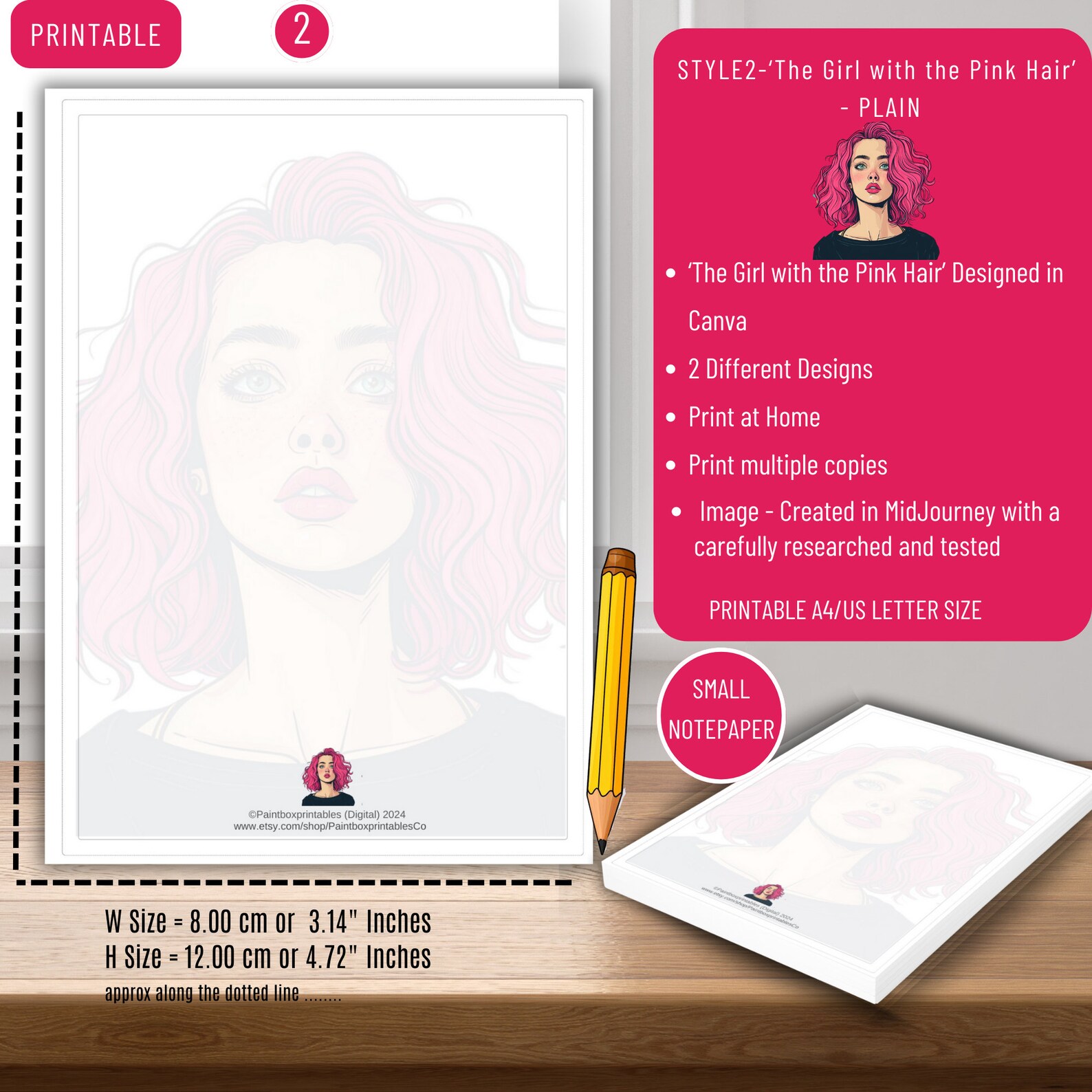 Printable Notepaper 'the Girl With the Pink Hair' 2 STYLES Printable ...