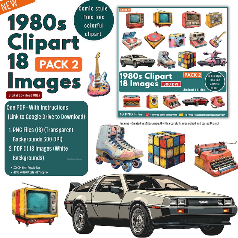 1980s Clipart| PACK 2 | 18- 300 DPI Pngs Comic Style| Pop Culture ...