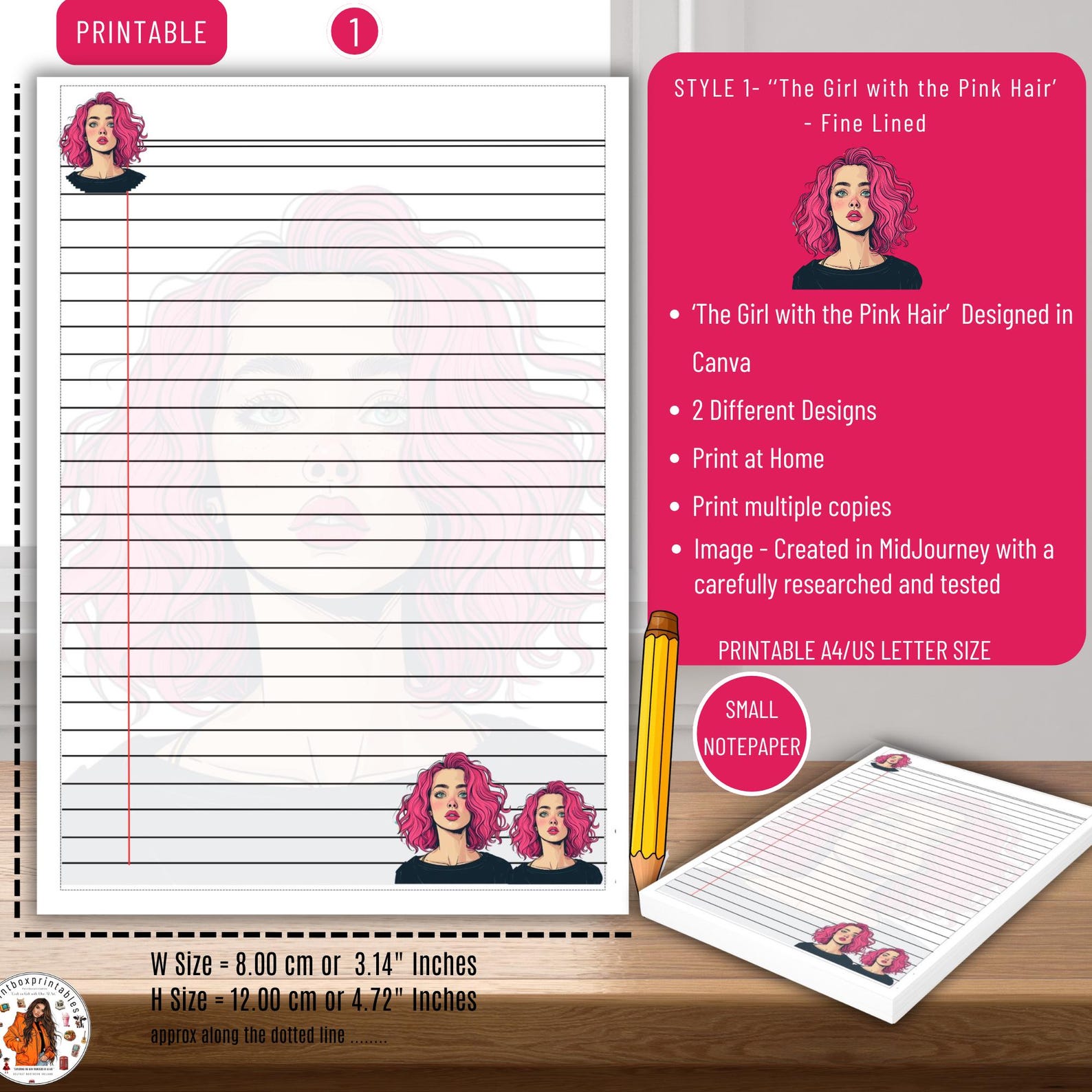 Printable Notepaper 'the Girl With the Pink Hair' 2 STYLES Printable ...