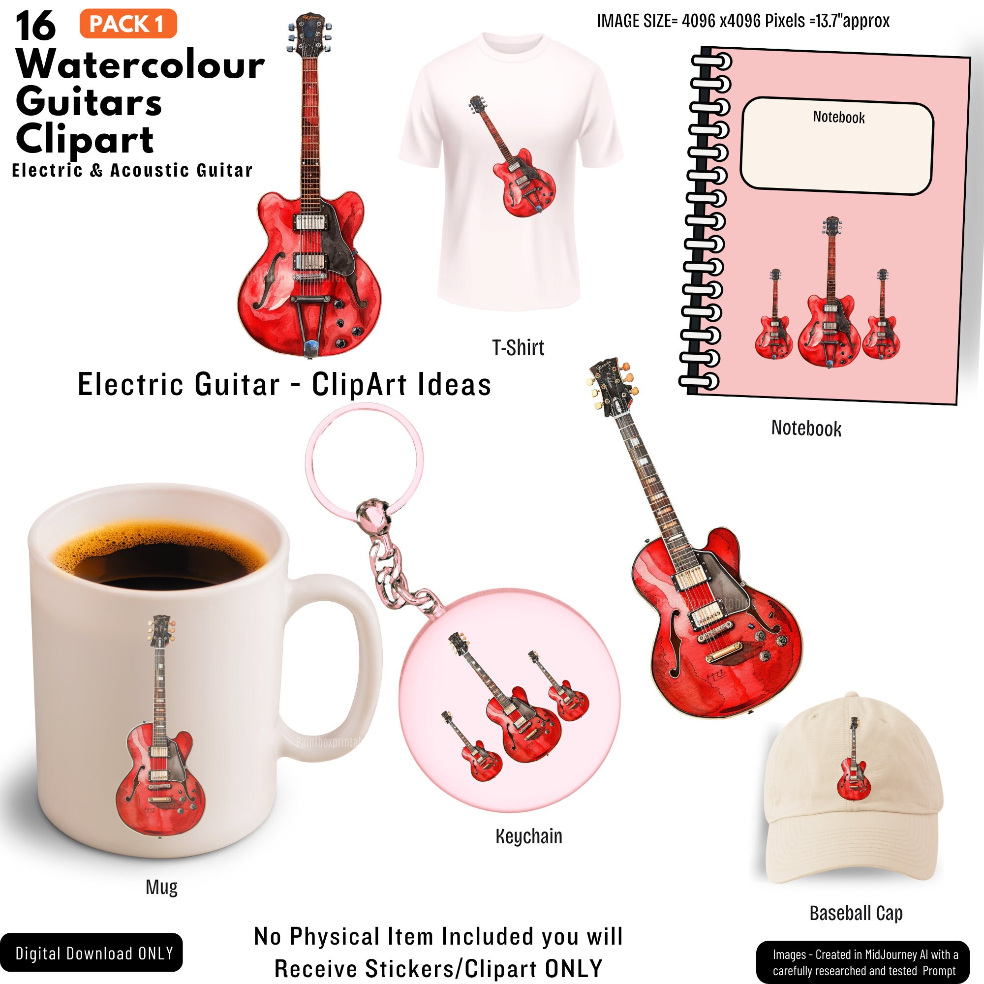 Watercolour Guitar Clipart PACK 1 electric & Acoustic16 PNG Images ...