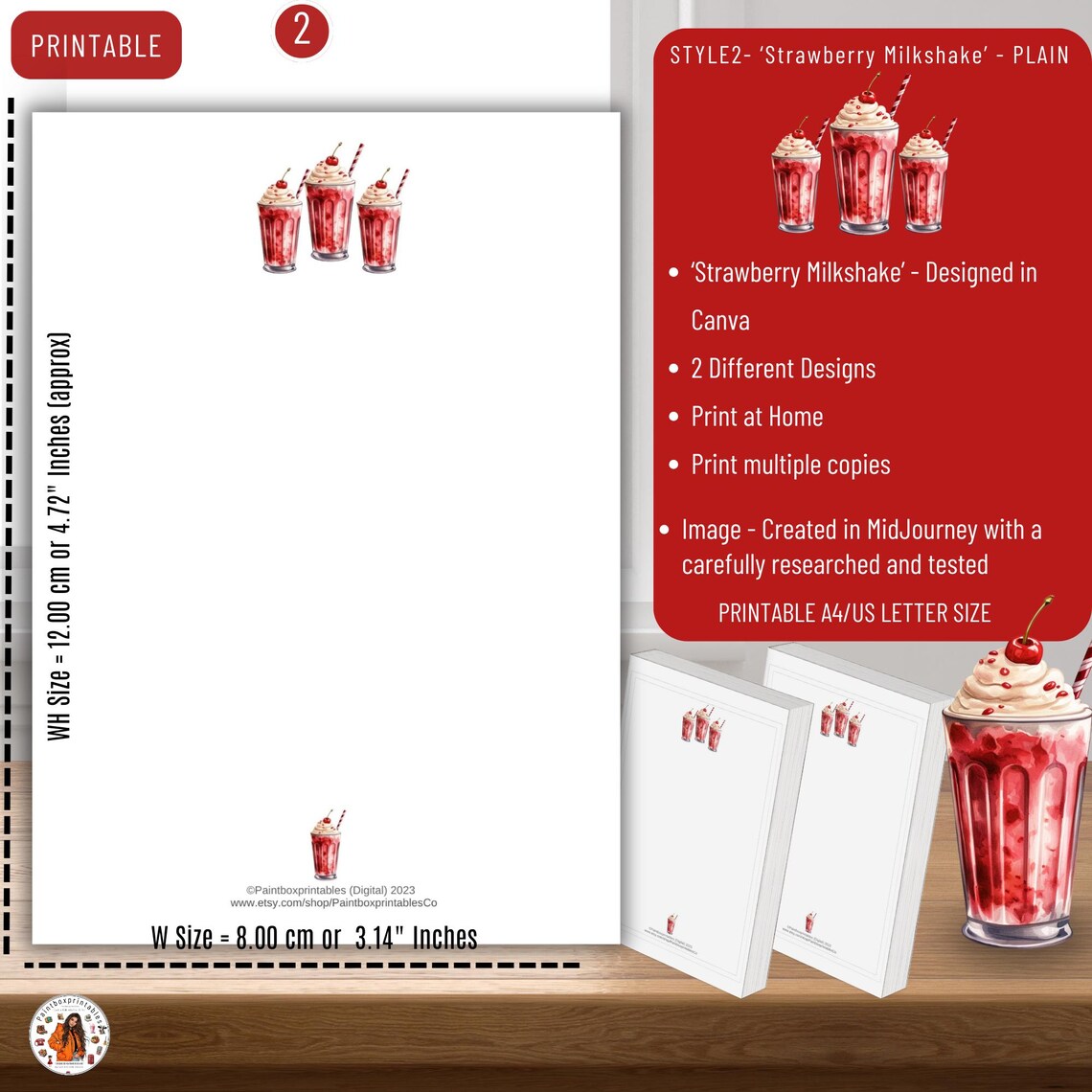 Printable Notepaper 'strawberry Milkshake' 2 STYLES Printable |writing ...