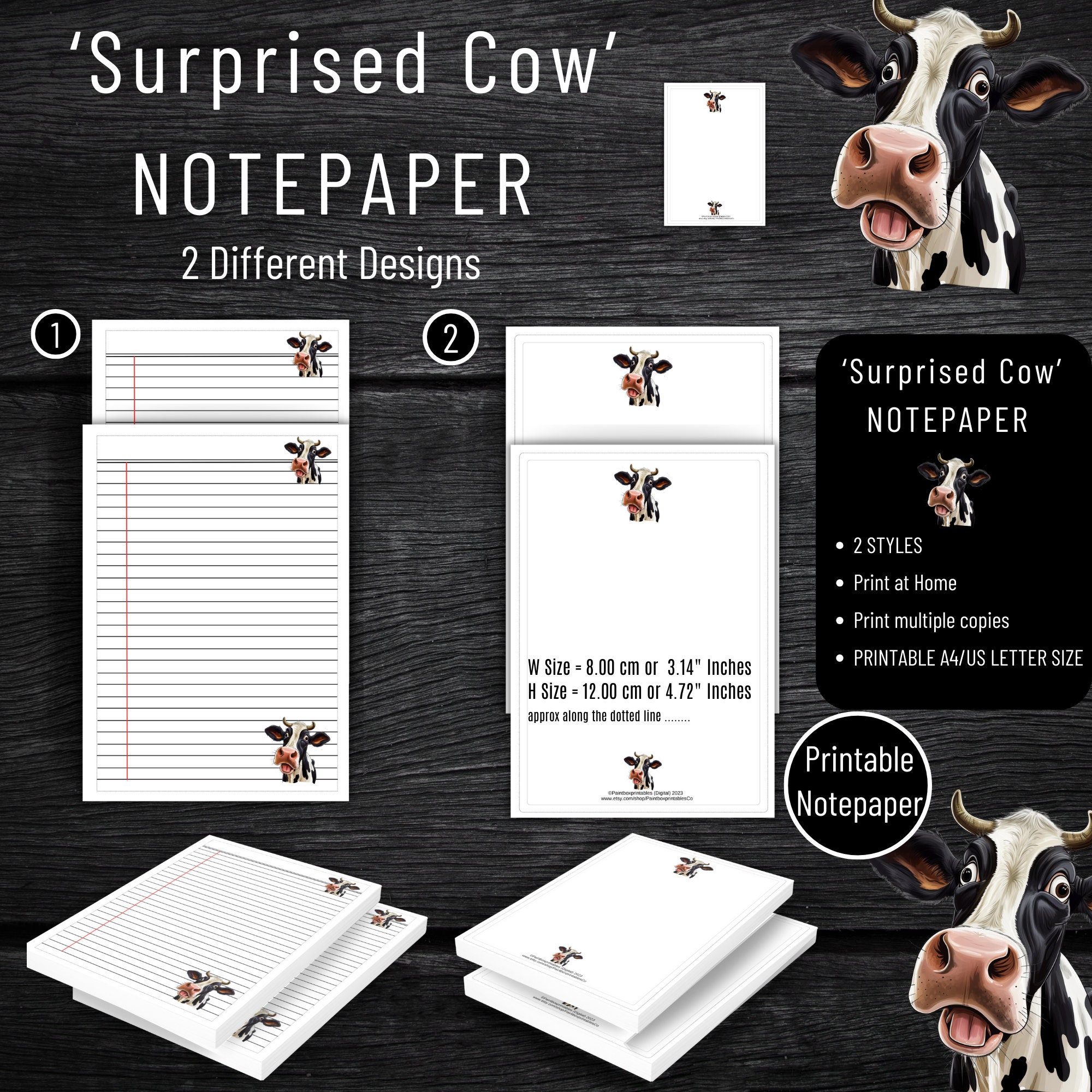 Printable Notepaper 'surprised Cow' 2 STYLES Printable |writing Bundle ...
