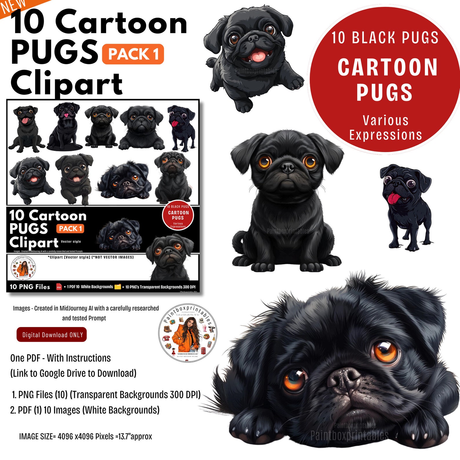 Clipart- Pug Clipart (black)10 Cartoon Pugs Png's-high Quality 1 PDF ...