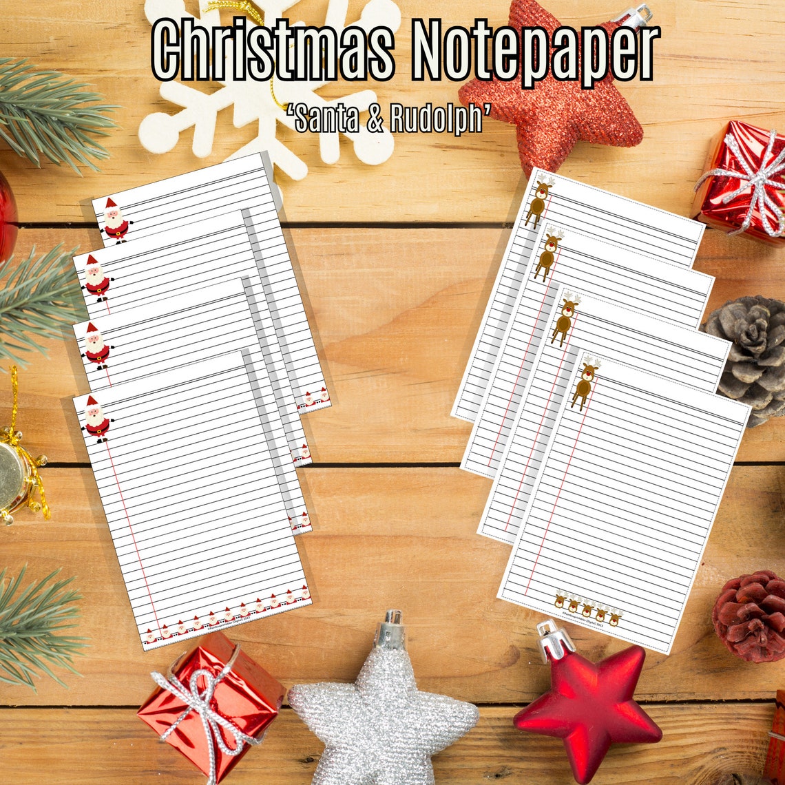 2 Christmas Printable Stationery 'santa & Rudolph Cartoon Style ...