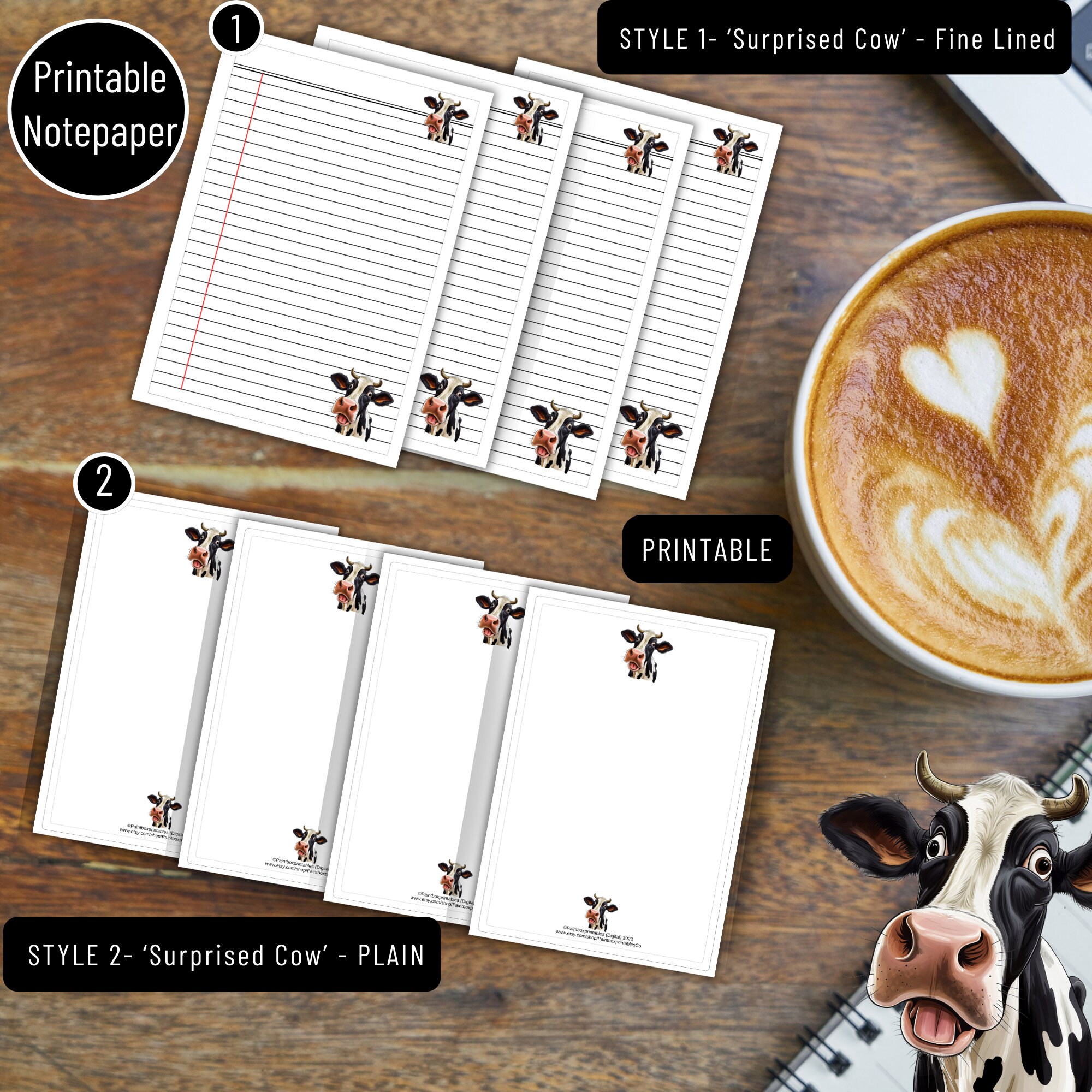 Printable Notepaper 'surprised Cow' 2 STYLES Printable |writing Bundle ...