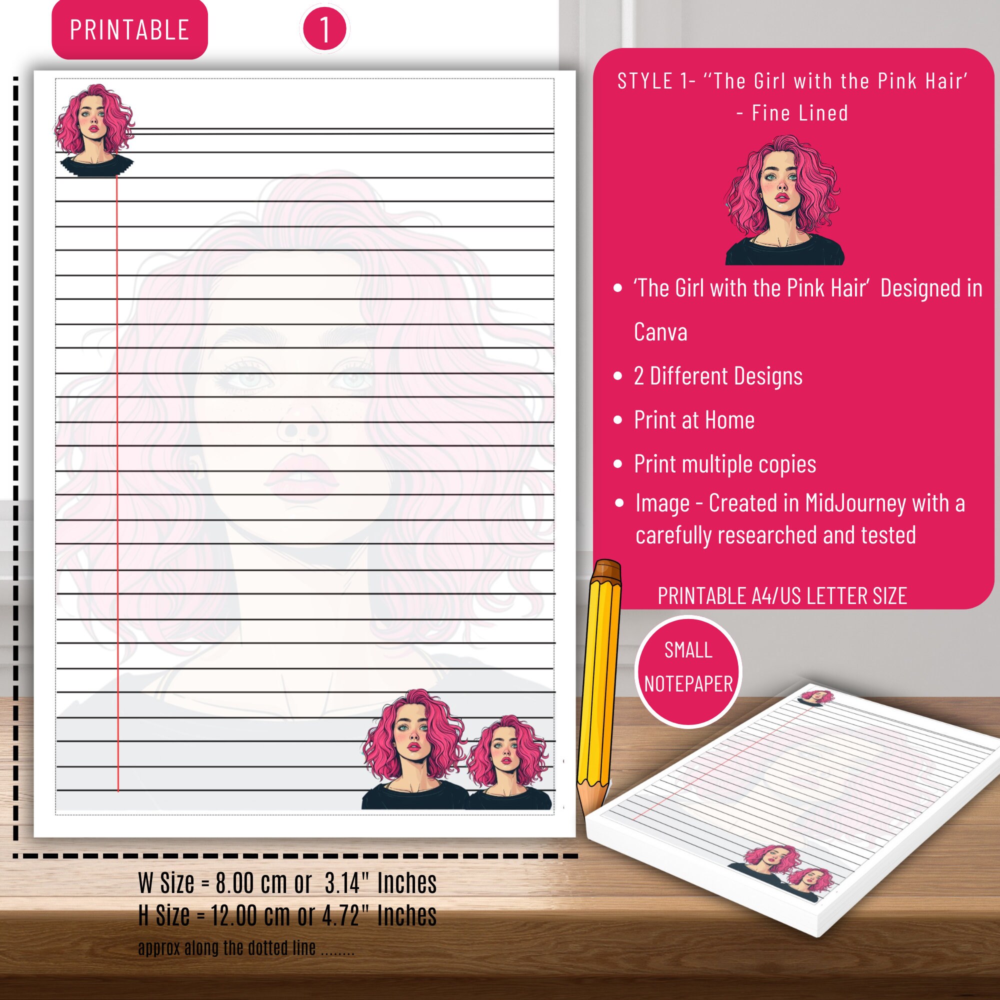 Printable Notepaper 'the Girl With the Pink Hair' 2 STYLES Printable ...