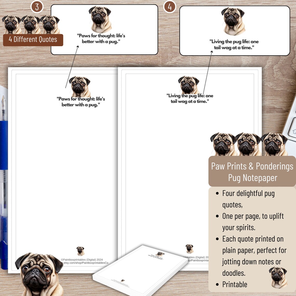 Printable Notepaper Pug -set - 4 Quotes, 4 Pages - Small Size 'paw ...