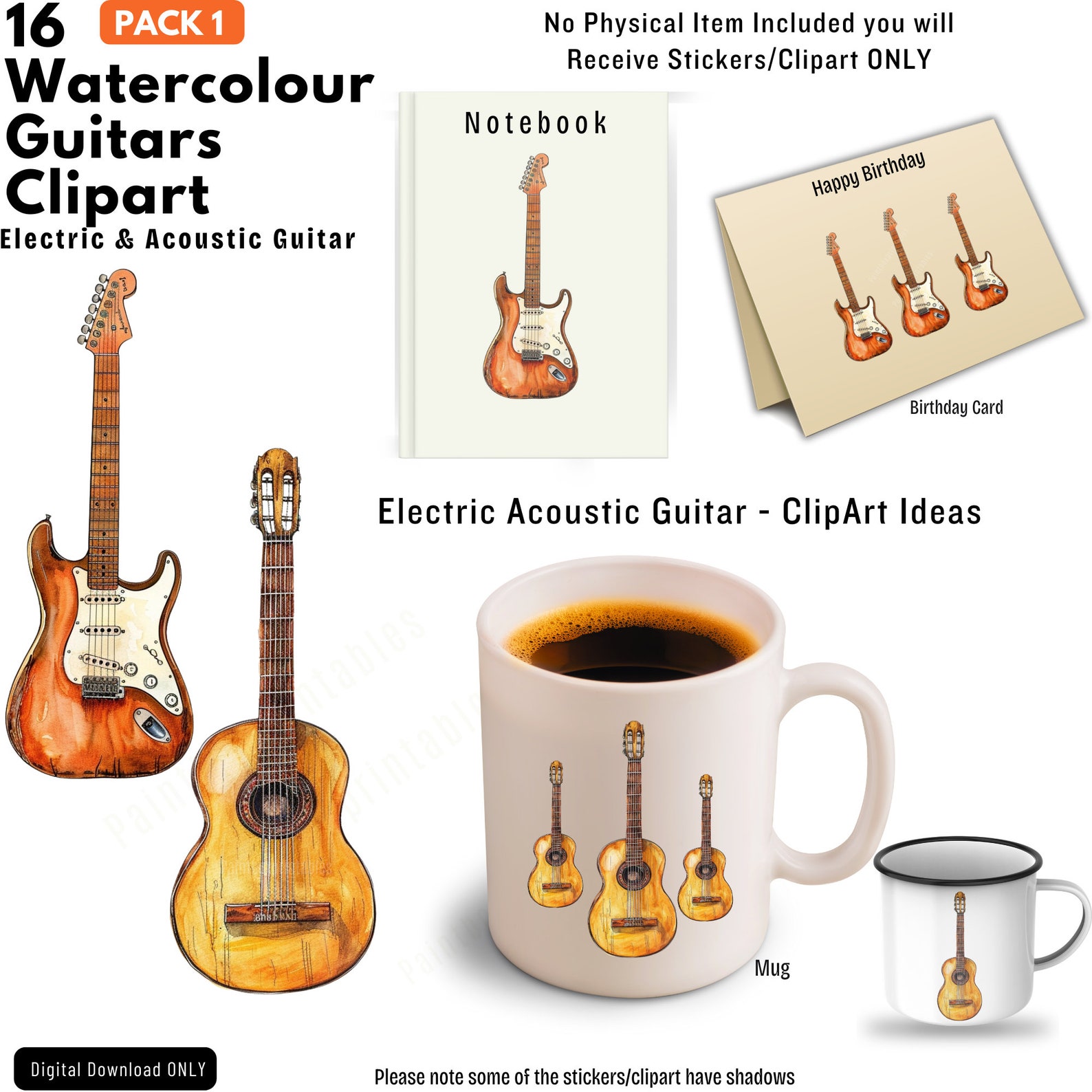 Watercolour Guitar Clipart PACK 1 electric & Acoustic16 PNG Images ...