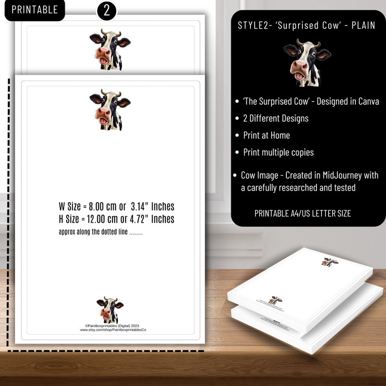 Printable Notepaper 'surprised Cow' 2 STYLES Printable |writing Bundle ...