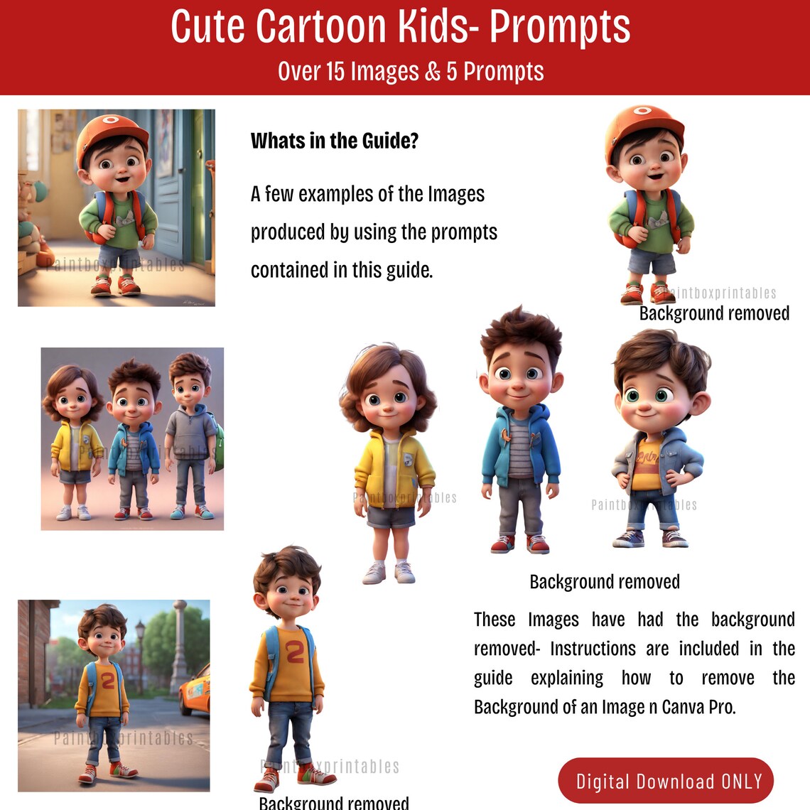 Cute KID Cartoon AI Art Prompt Guide14 Pgs5 Prompts 20 Images/prompts ...