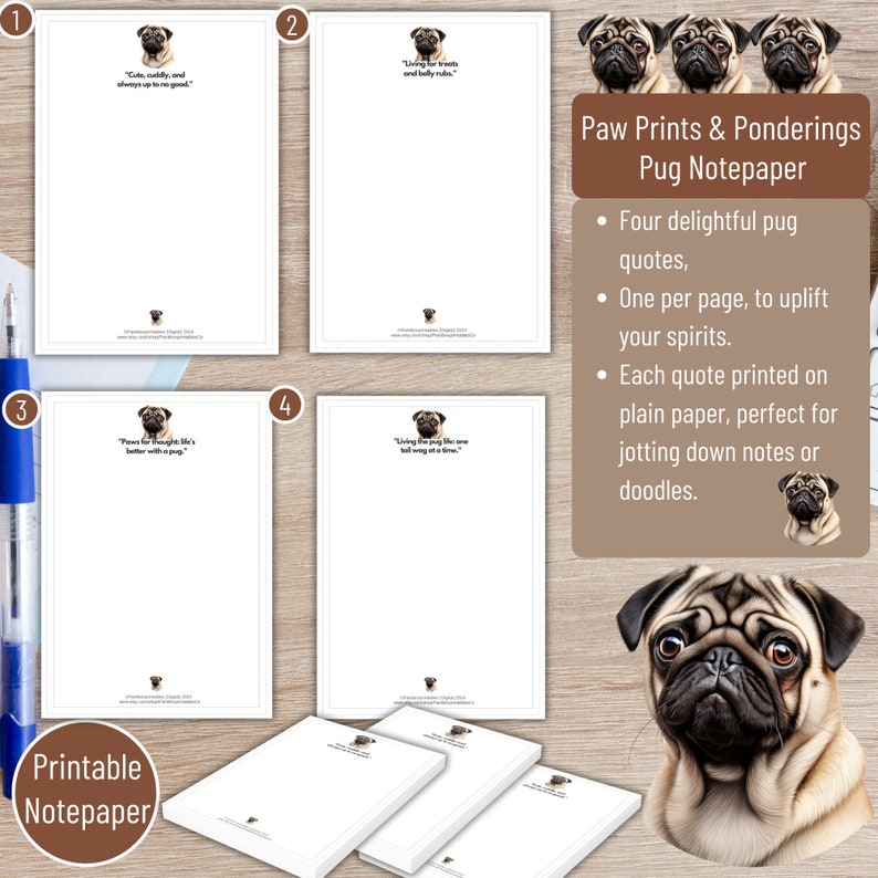 Printable Notepaper Pug -set - 4 Quotes, 4 Pages - Small Size 'paw ...