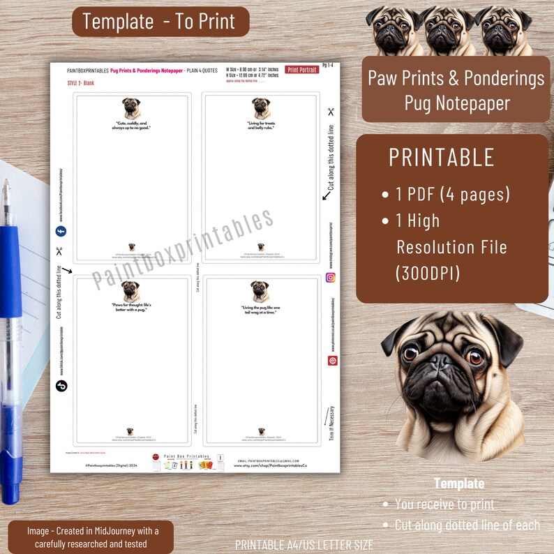 Printable Notepaper Pug -set - 4 Quotes, 4 Pages - Small Size 'paw ...