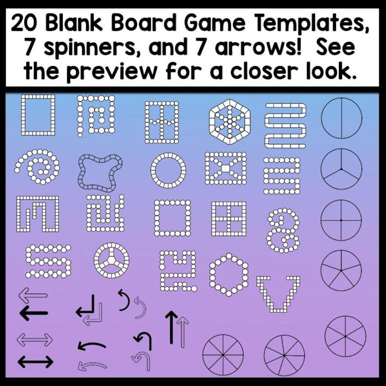 Blank Board Game SVG Clipart Templates 2 + Spinners & Arrows {20 Game ...