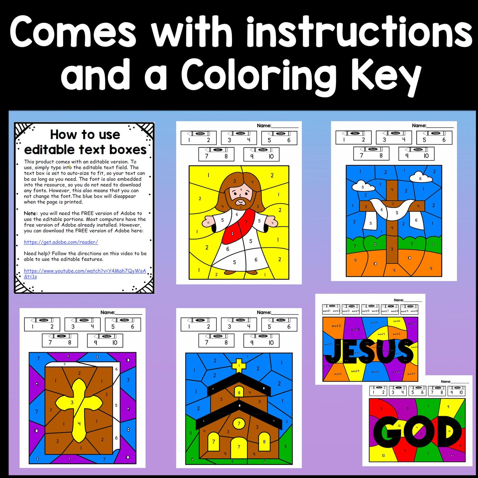 Christian Color by Number Pages {6 Pages} Editable Faith Based Coloring ...