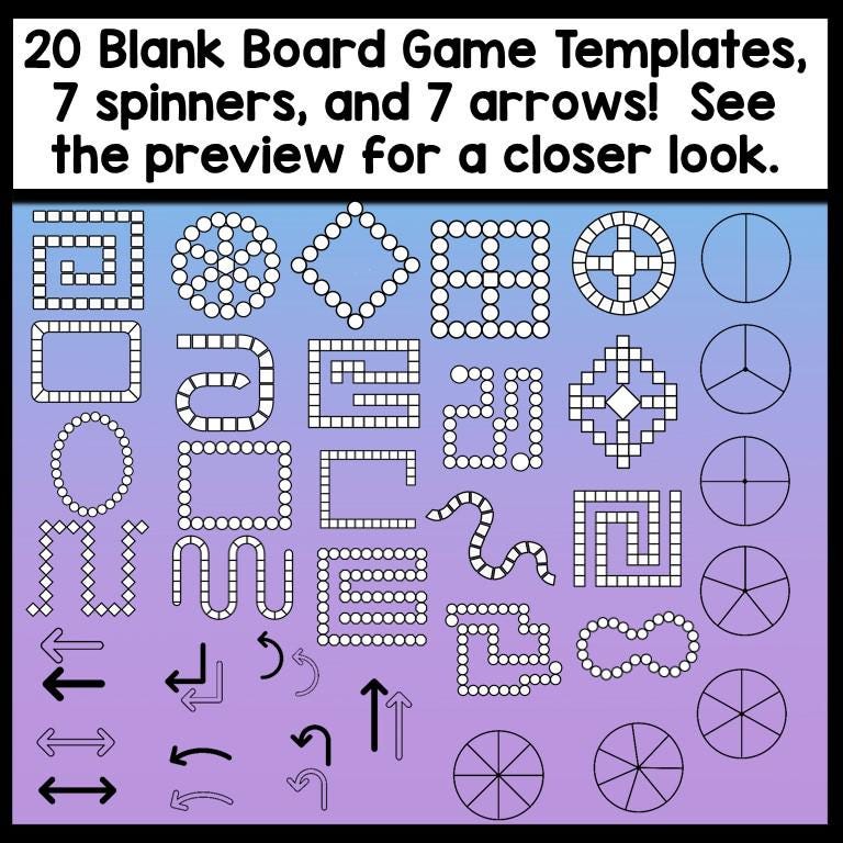 Blank Board Game SVG Clipart Templates 4 + Spinners & Arrows {20 Game ...