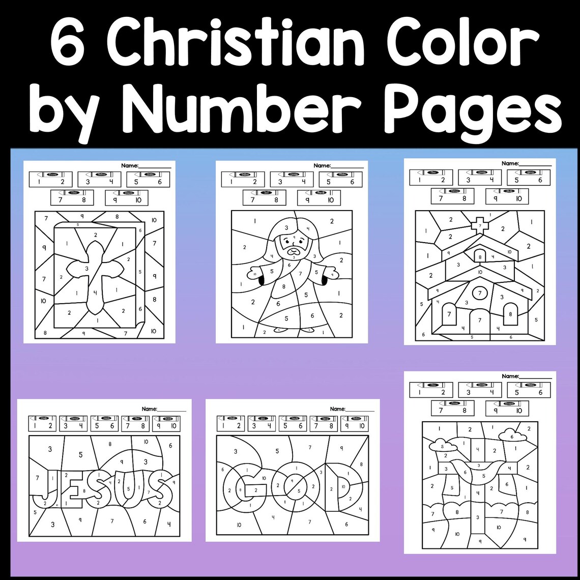 Christian Color by Number Pages {6 Pages} Editable Faith Based Coloring ...