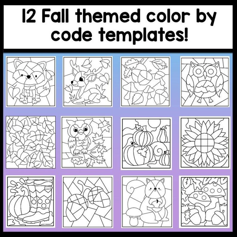 Fall Color by Code Templates {12 Hand Drawn Images!} Use Numbers, Sight ...