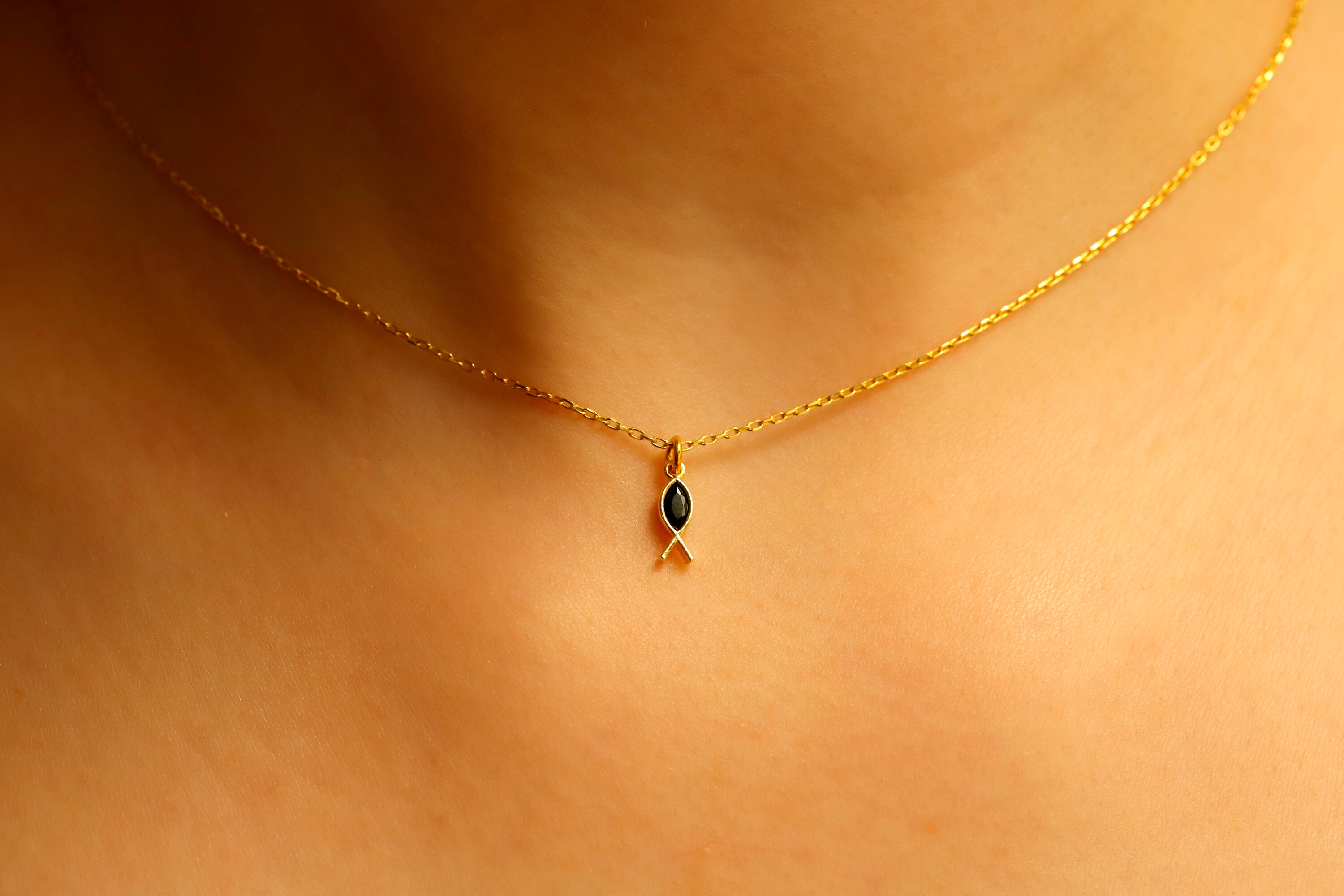 Tiny Diamond Silver Fish Necklace,black Diamond Dainty Minimal Lucky ...