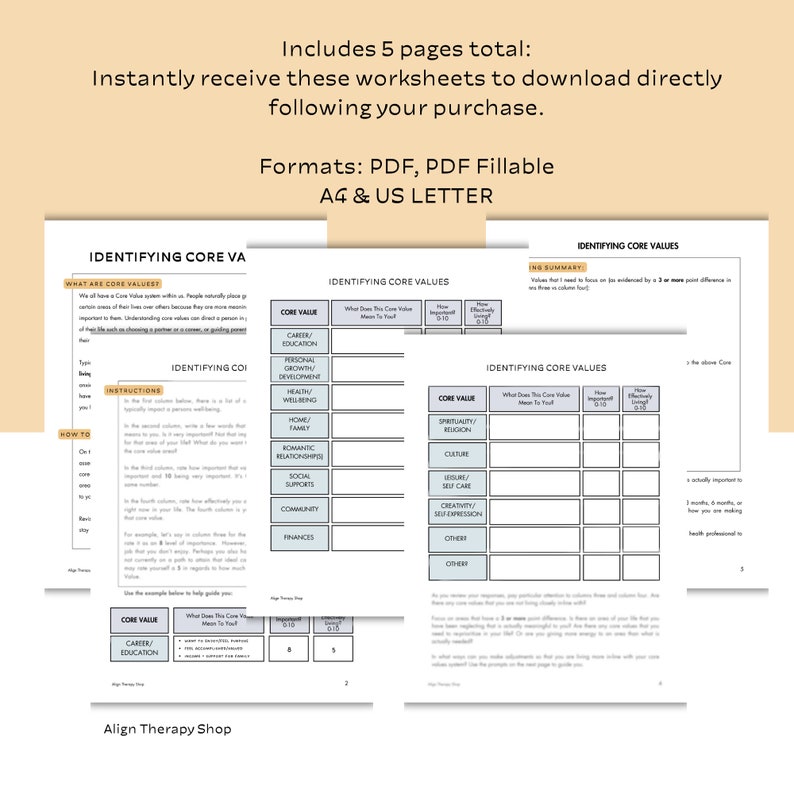 Core Values Worksheet, ACT Exercise, Personal Values Clarification ...