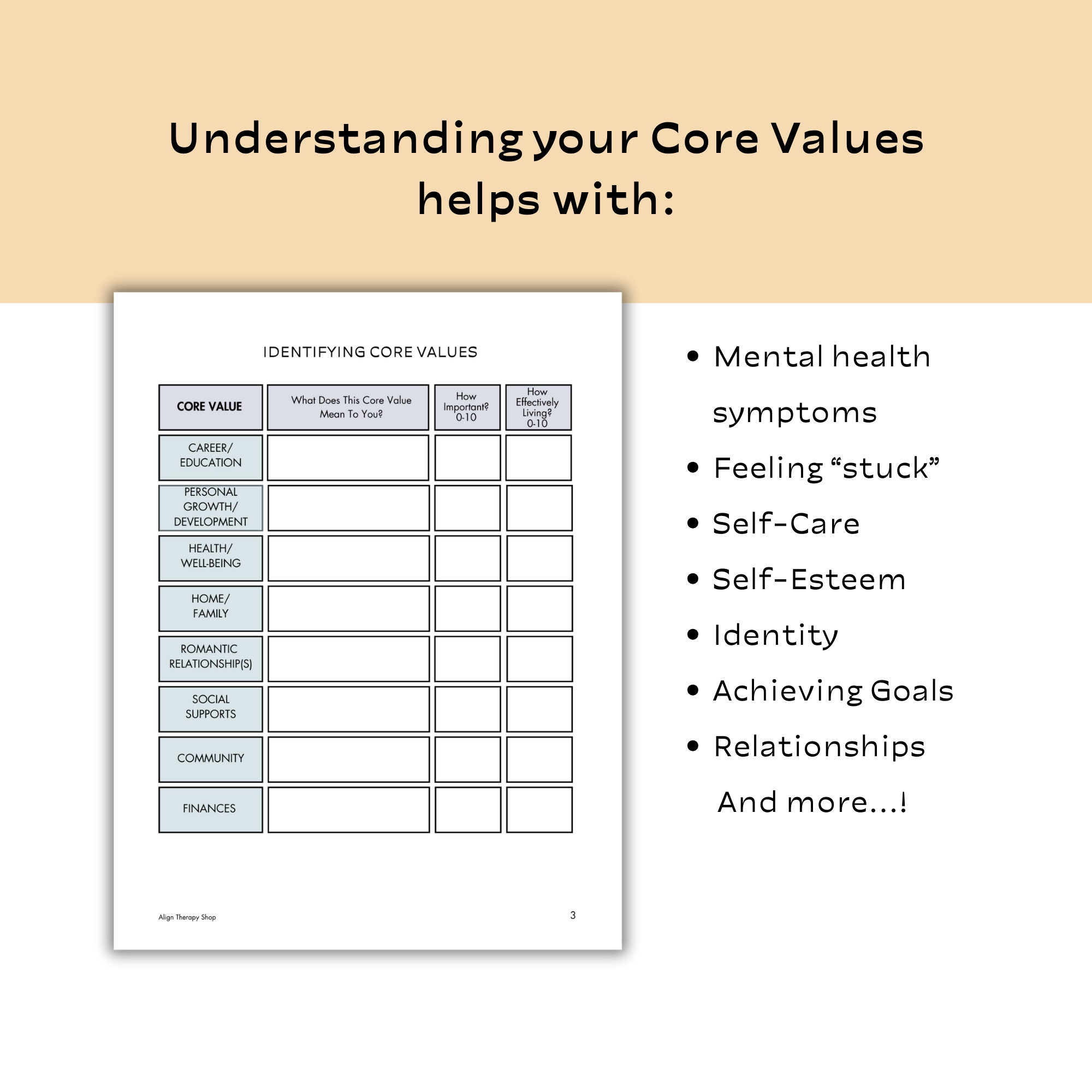 Core Values Worksheet, ACT Exercise, Personal Values Clarification ...