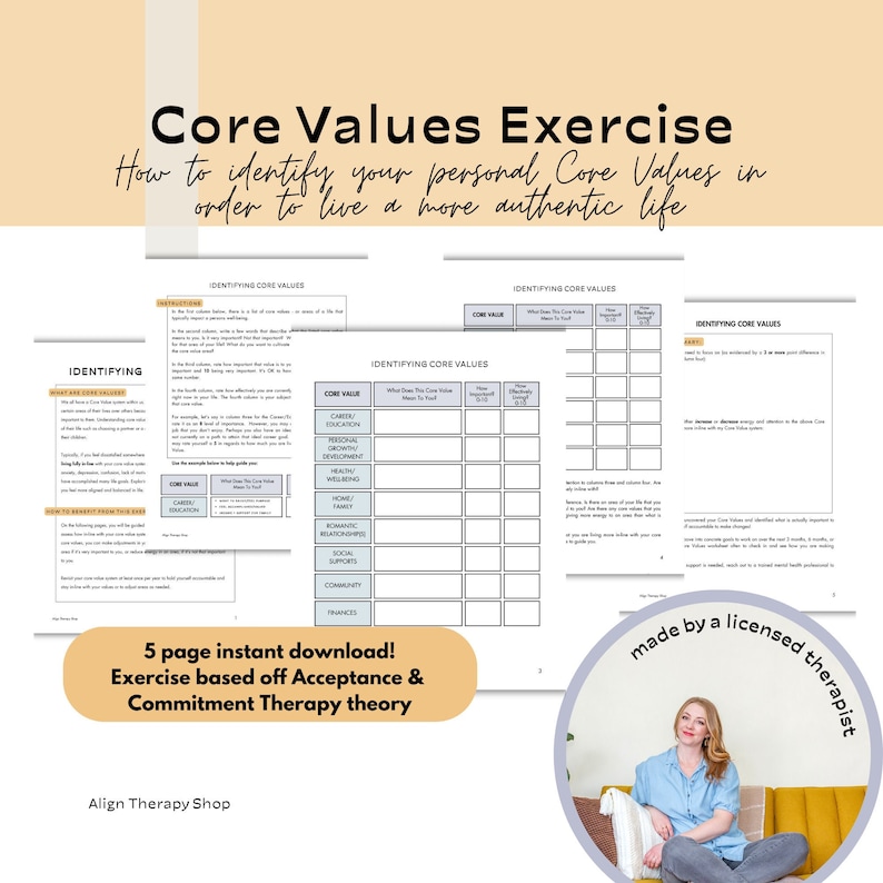 Core Values Worksheet, ACT Exercise, Personal Values Clarification ...
