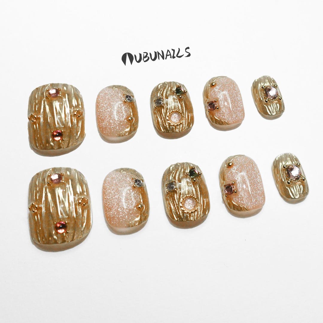 Handmade Baroque Press on Nails: Custom 3D Gold Pink False Nails - Etsy