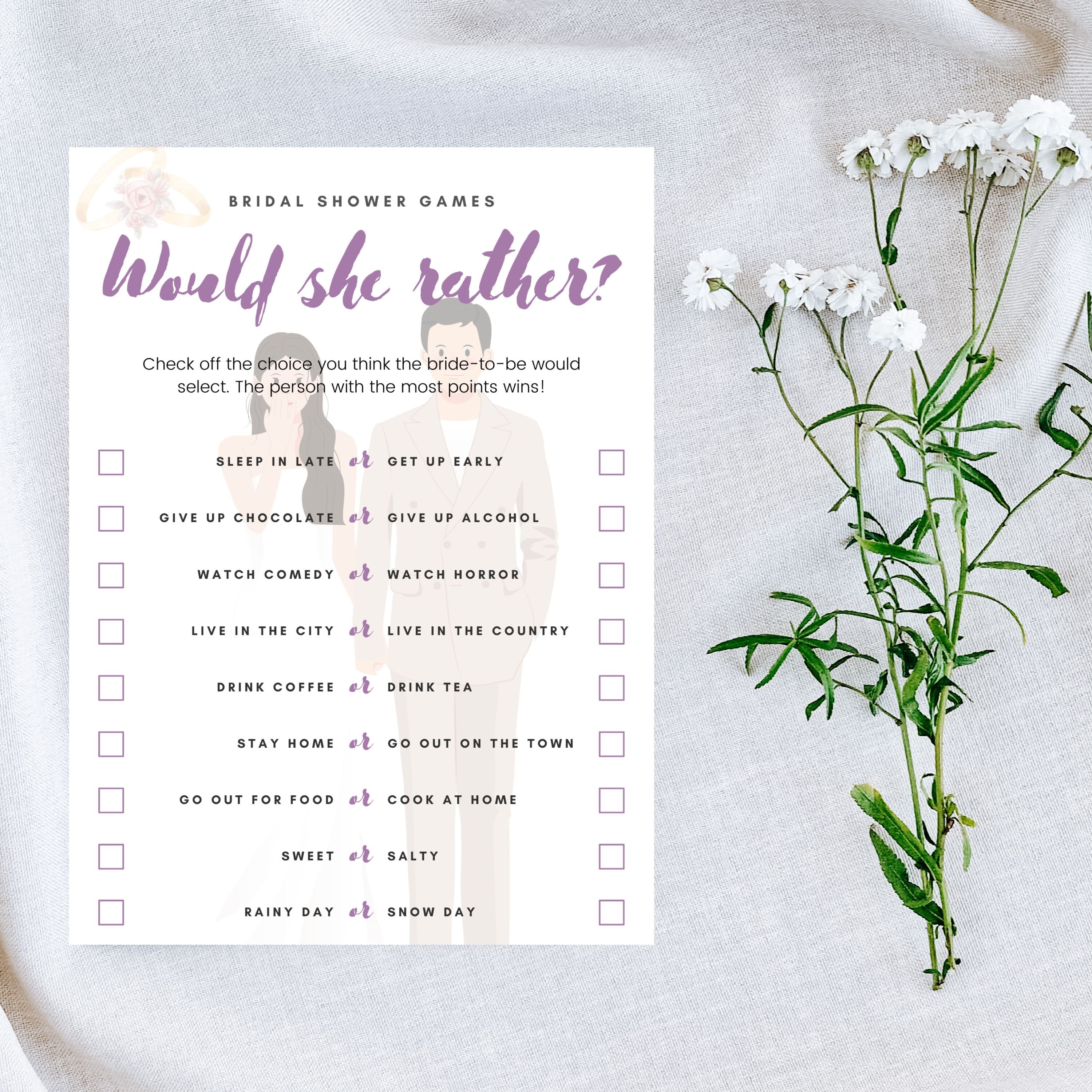 Printable Would She Rather Bridal Shower Trivia Game Fun Unique Wedding ...