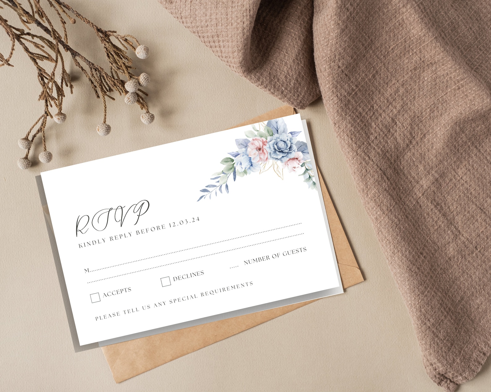 Blue and White Floral Wedding Reception Card Set, RSVP Wedding Card ...