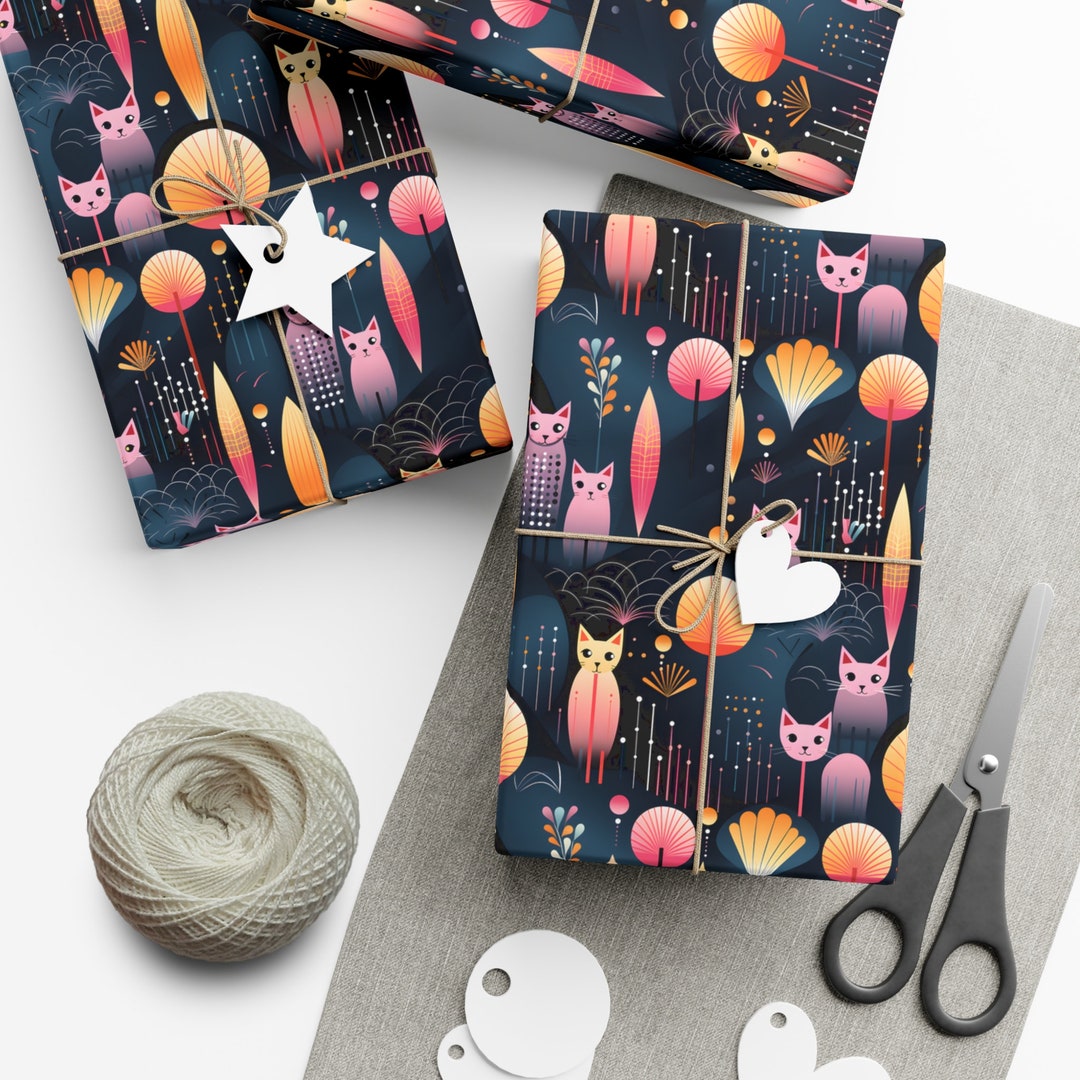 Art Deco Midcentury Modern Cats Illustration Pink and Purple - Etsy