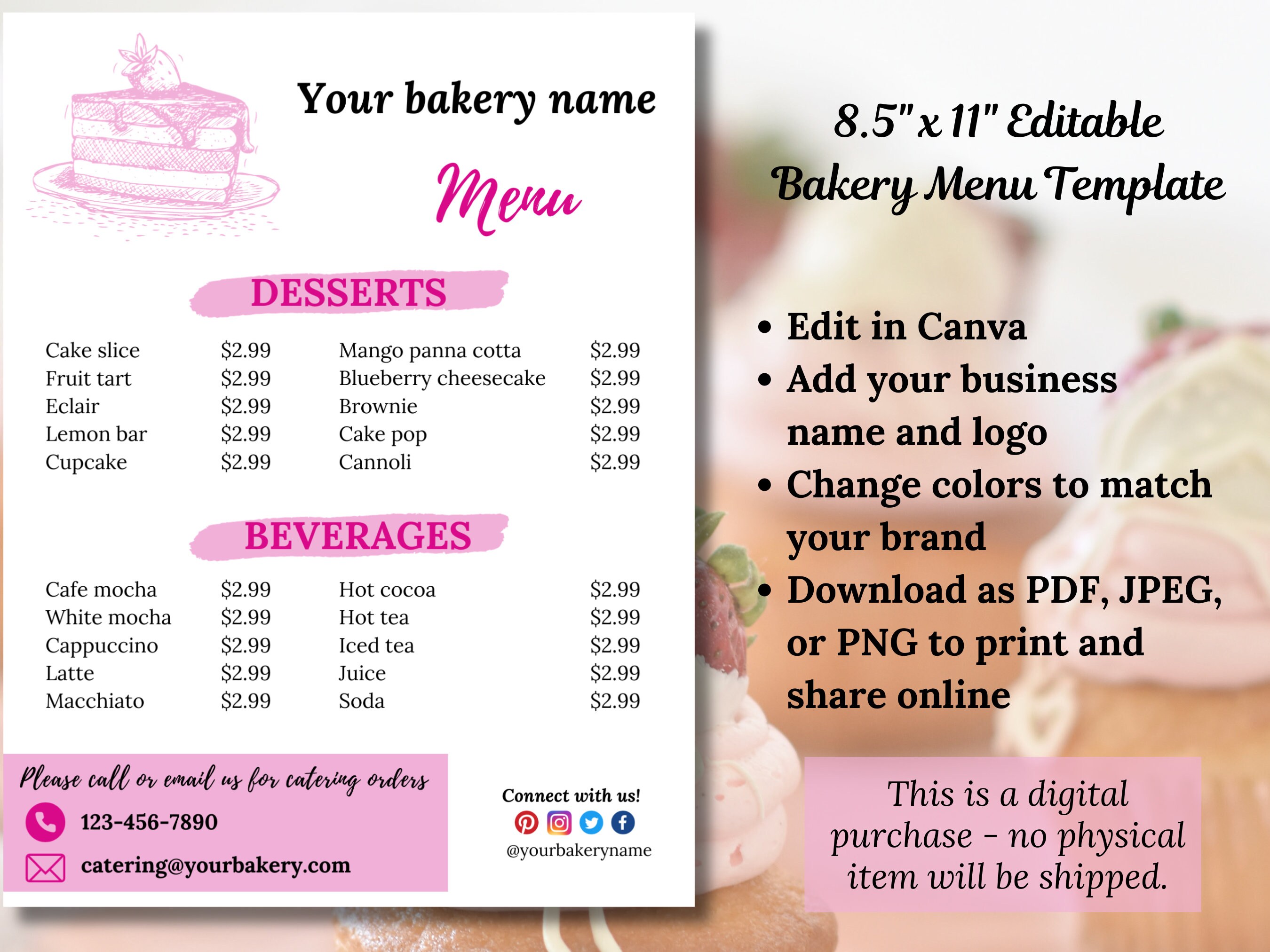 Pink Bakery Menu Editable Template 8.5x11 - Etsy