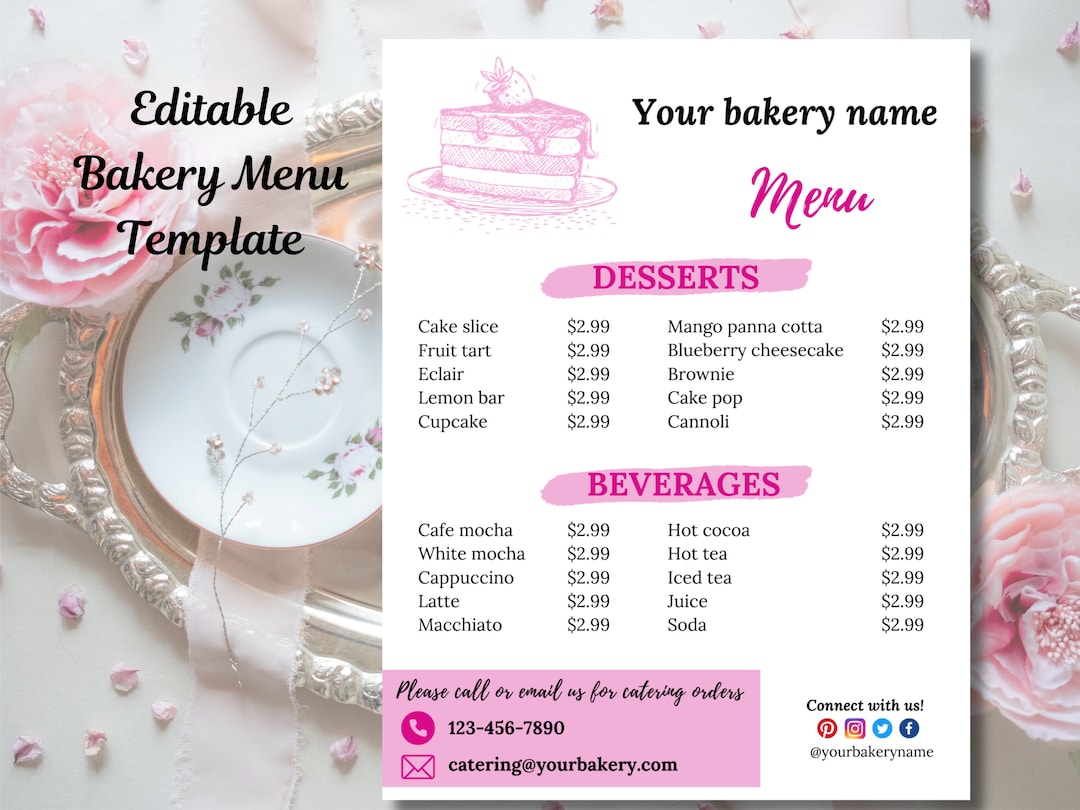 Pink Bakery Menu Editable Template 8.5x11 - Etsy