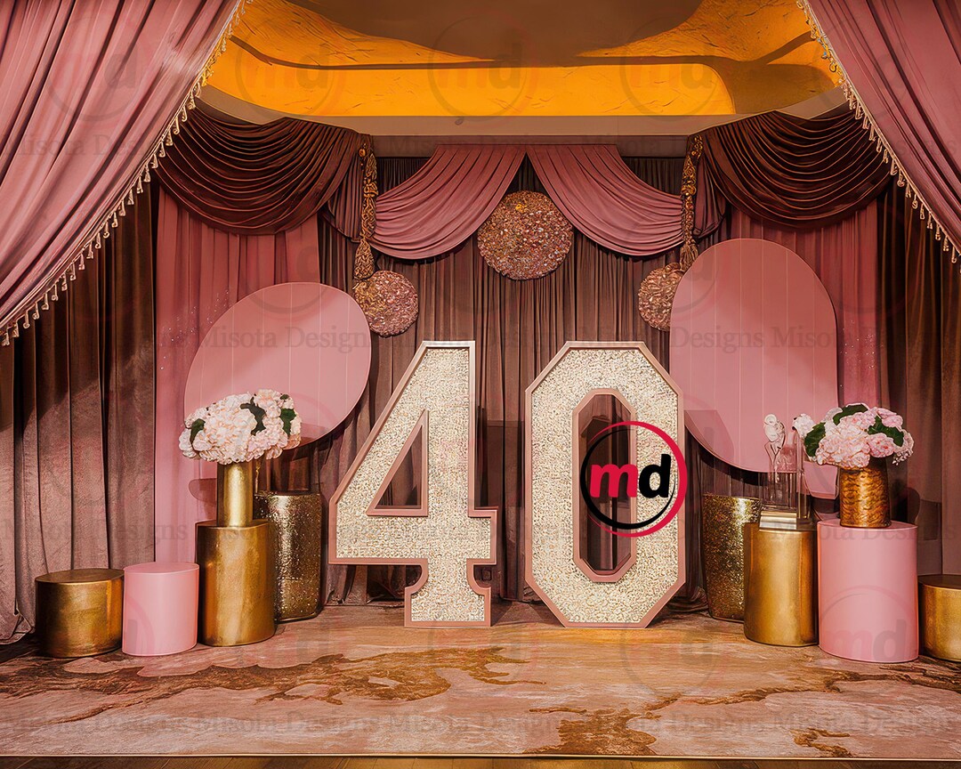 Sophisticated 40th Birthday Light-up Decor Blush Pink Drapes and Gold ...