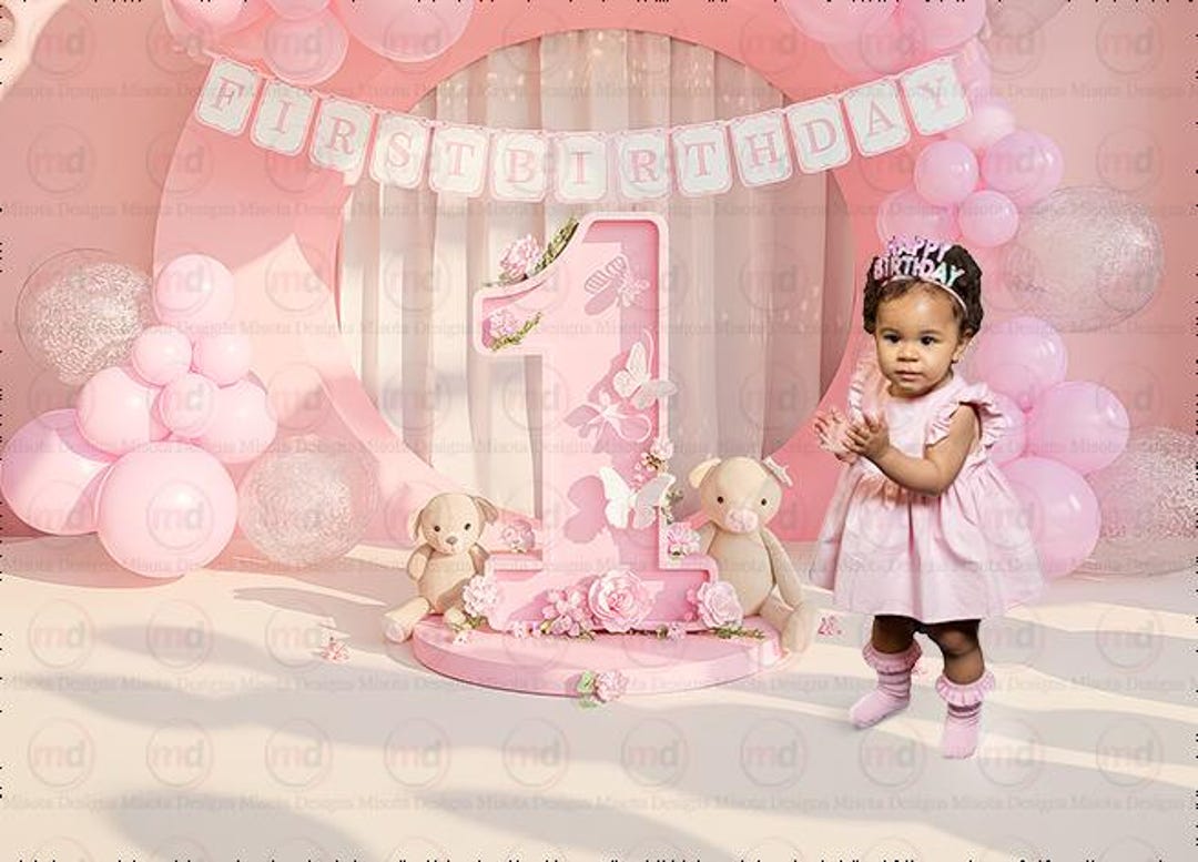4 X Magical 1st Birthday Backdrop Pink Balloons & Floral Accents With ...