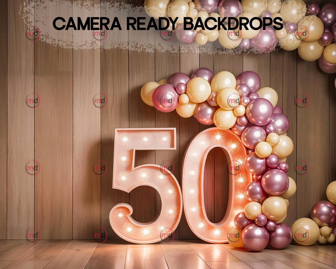 Digital Backdrop 50th Birthday | Light up Numbers Balloon Arch | Black ...