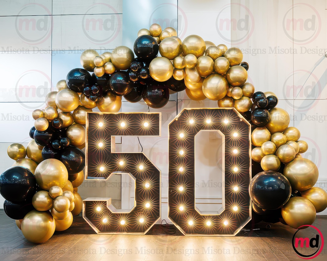 Digital 50th Birthday Backdrop - Light up Numbers Balloon Arch - Black ...