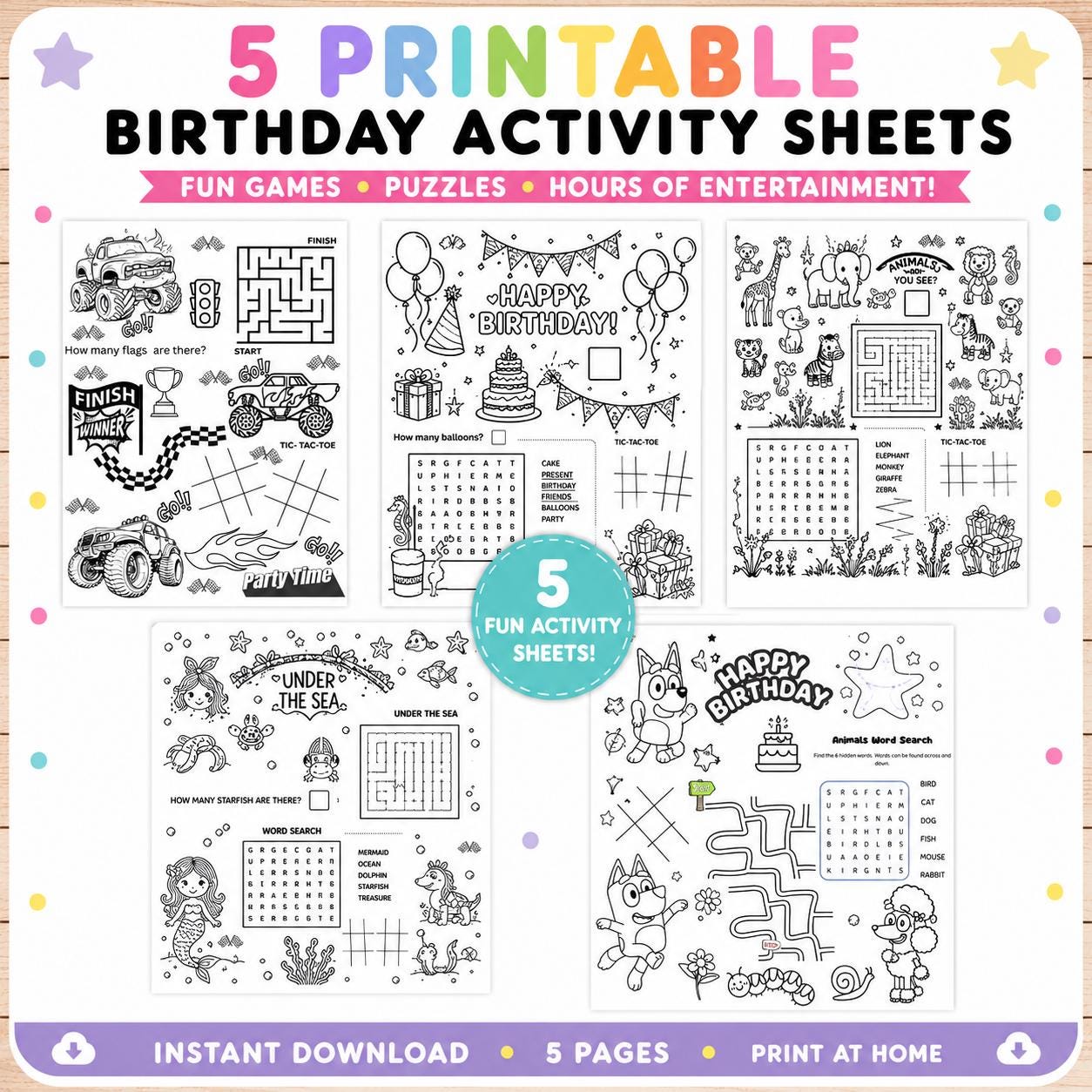 Printable Birthday Activity Sheets Bundle for Kids Party Games PDF - Etsy