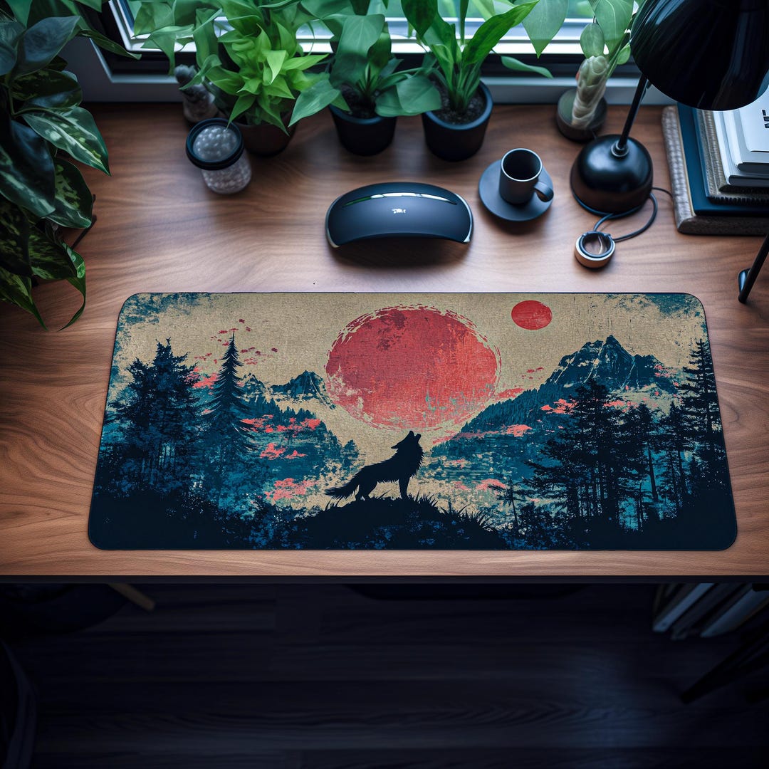 Wolf Howling at the Moon Desk Mat Asian-inspired Wolf Art | Nature ...