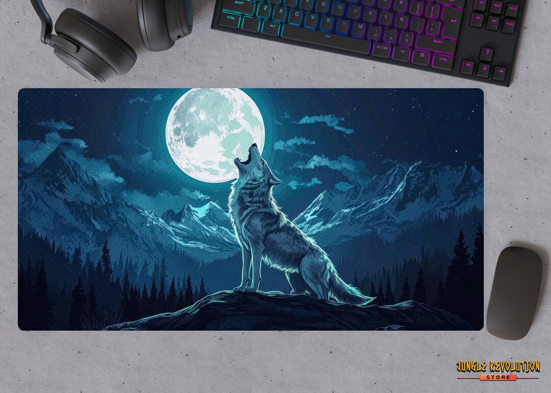 Wolf Howling at Moon Desk Mat | Office Decor, Gaming Desk Accessory ...