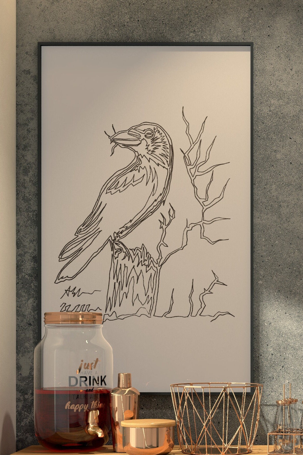 Crow Drawing Single Line Crow Printable Wall Art Decor 2 - Etsy