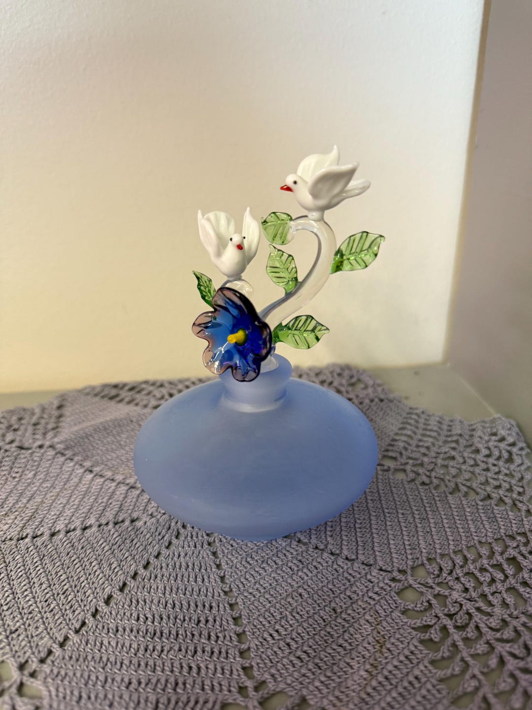Vintage Frosted Crystal Perfume Bottle W/ Glass Doves & Blue Flower ...