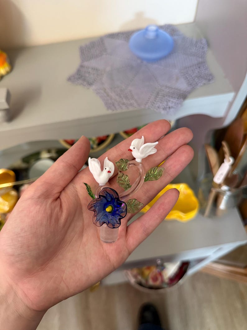 Vintage Frosted Crystal Perfume Bottle W/ Glass Doves & Blue Flower ...