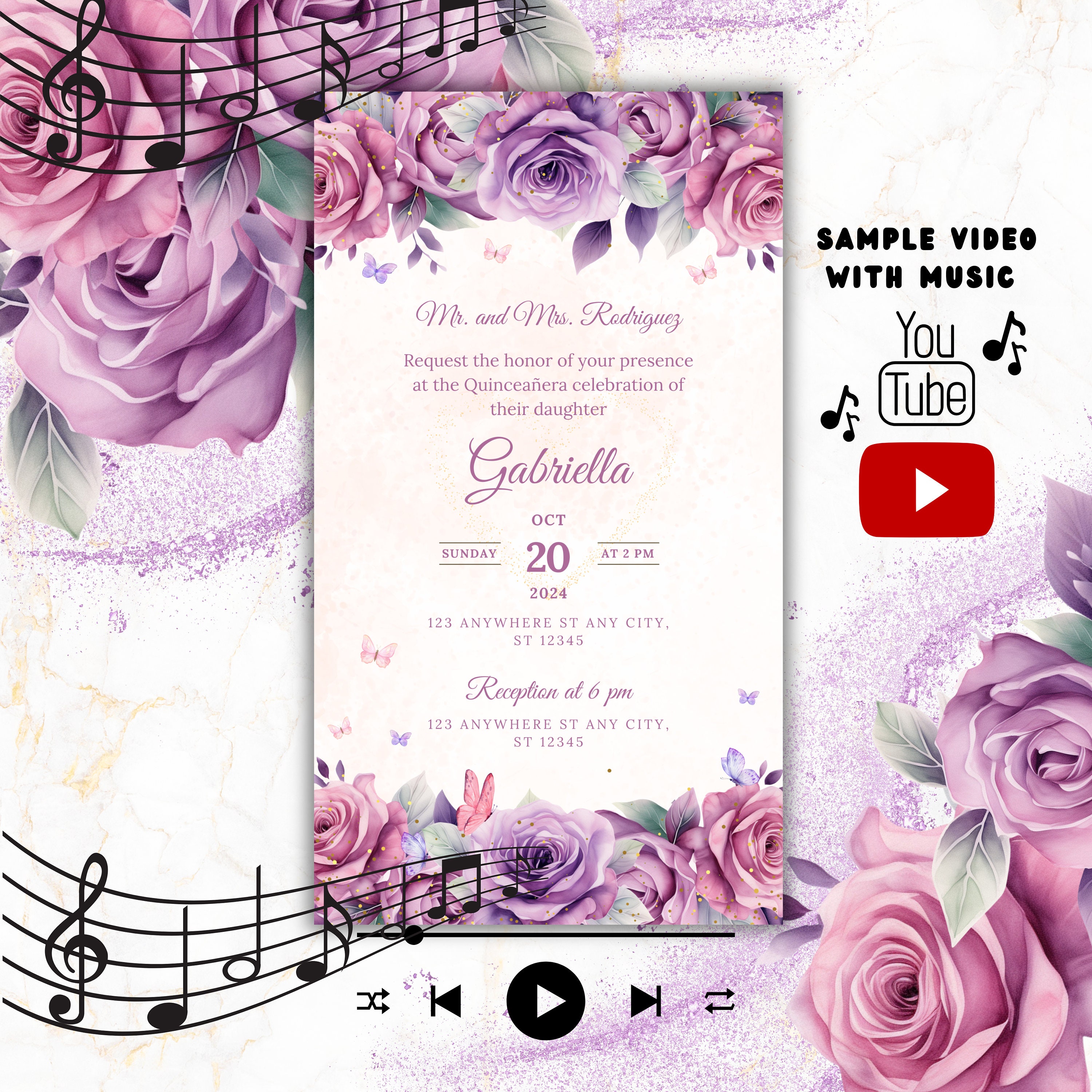 Quinceañera Video Invite - Purple - DIY Quinceanera, Quince Invitation ...