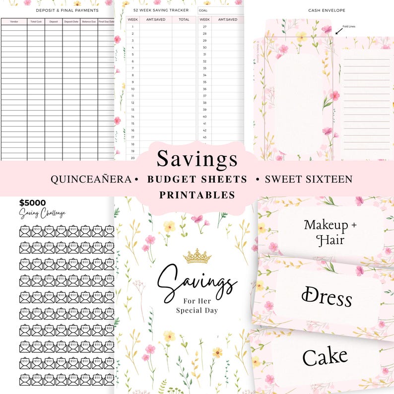 Quinceañera Saving Budget Sheets • Sweet 16 • Cash Envelope Printable ...