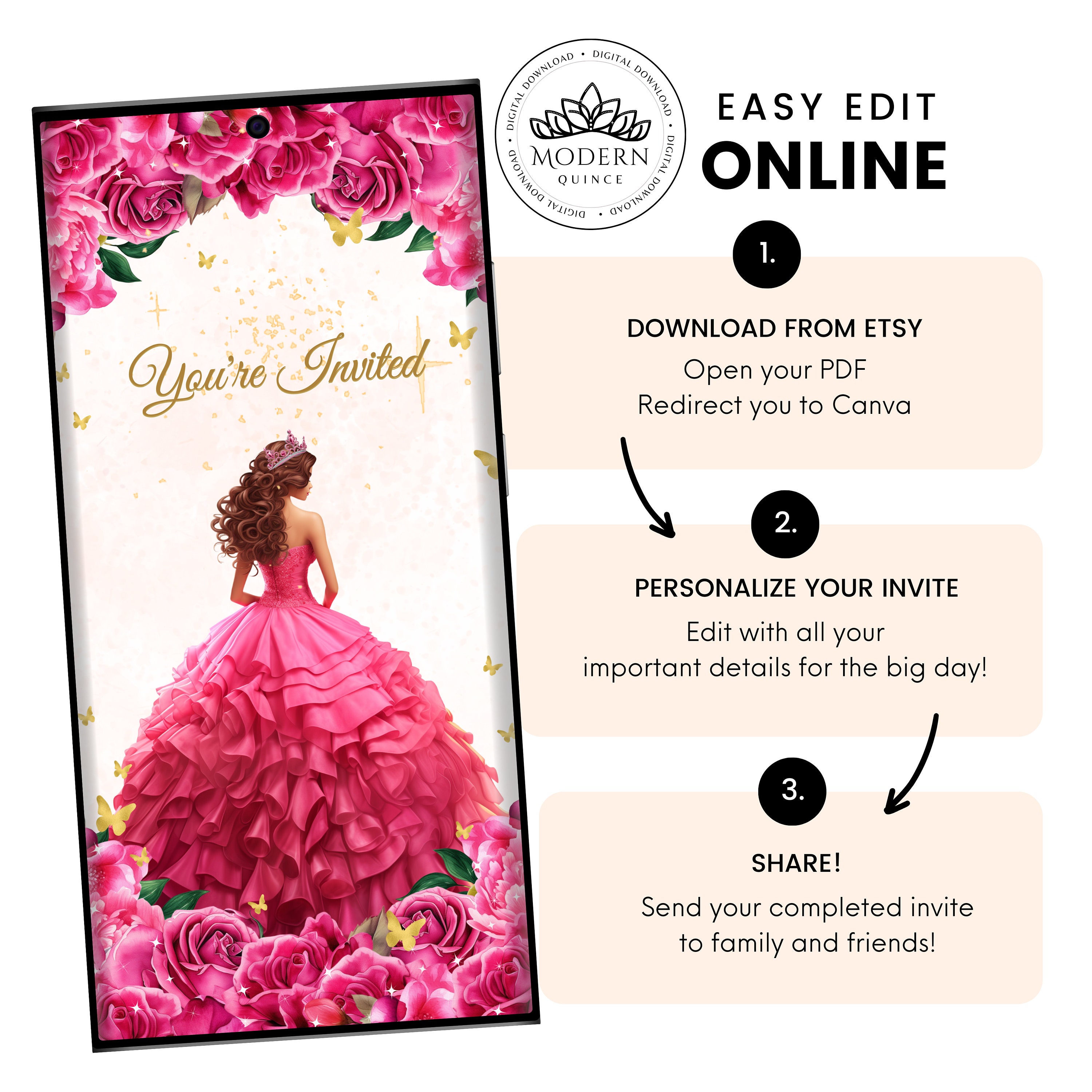Editable Quinceañera Video Invite Canva Quinceanera, Quince Invitation ...