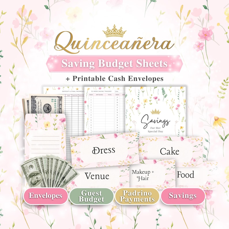 Quinceañera Saving Budget Sheets • Sweet 16 • Cash Envelope Printable ...